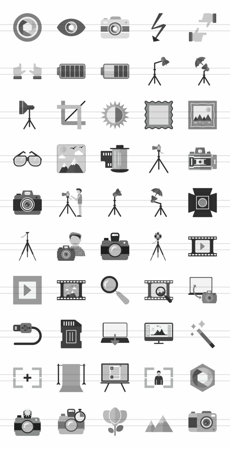 50 Photography Greyscale Icons – MasterBundles
