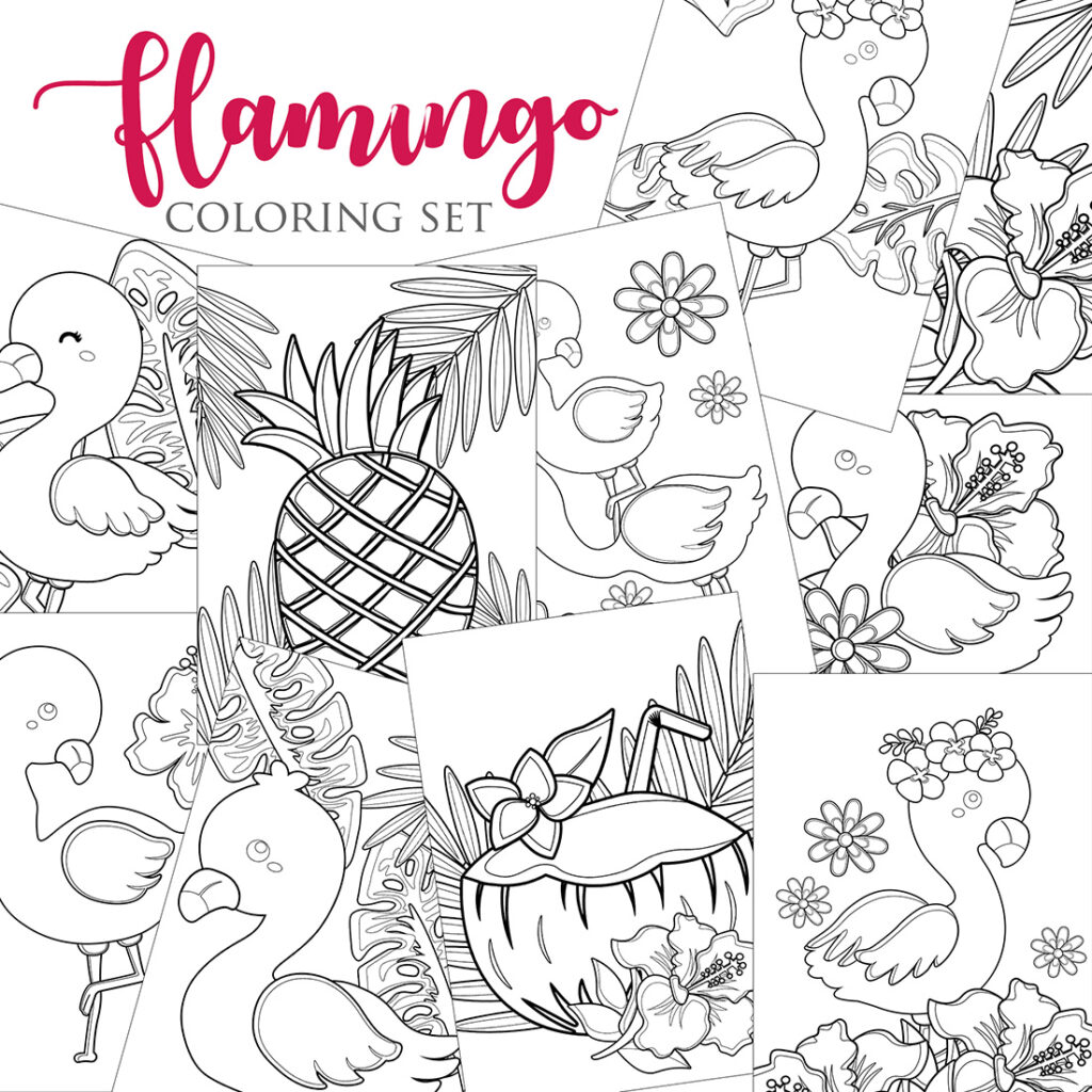 Cute Flamingo Bird Summer Animal and Beach Party Nature Fruit Coloring ...