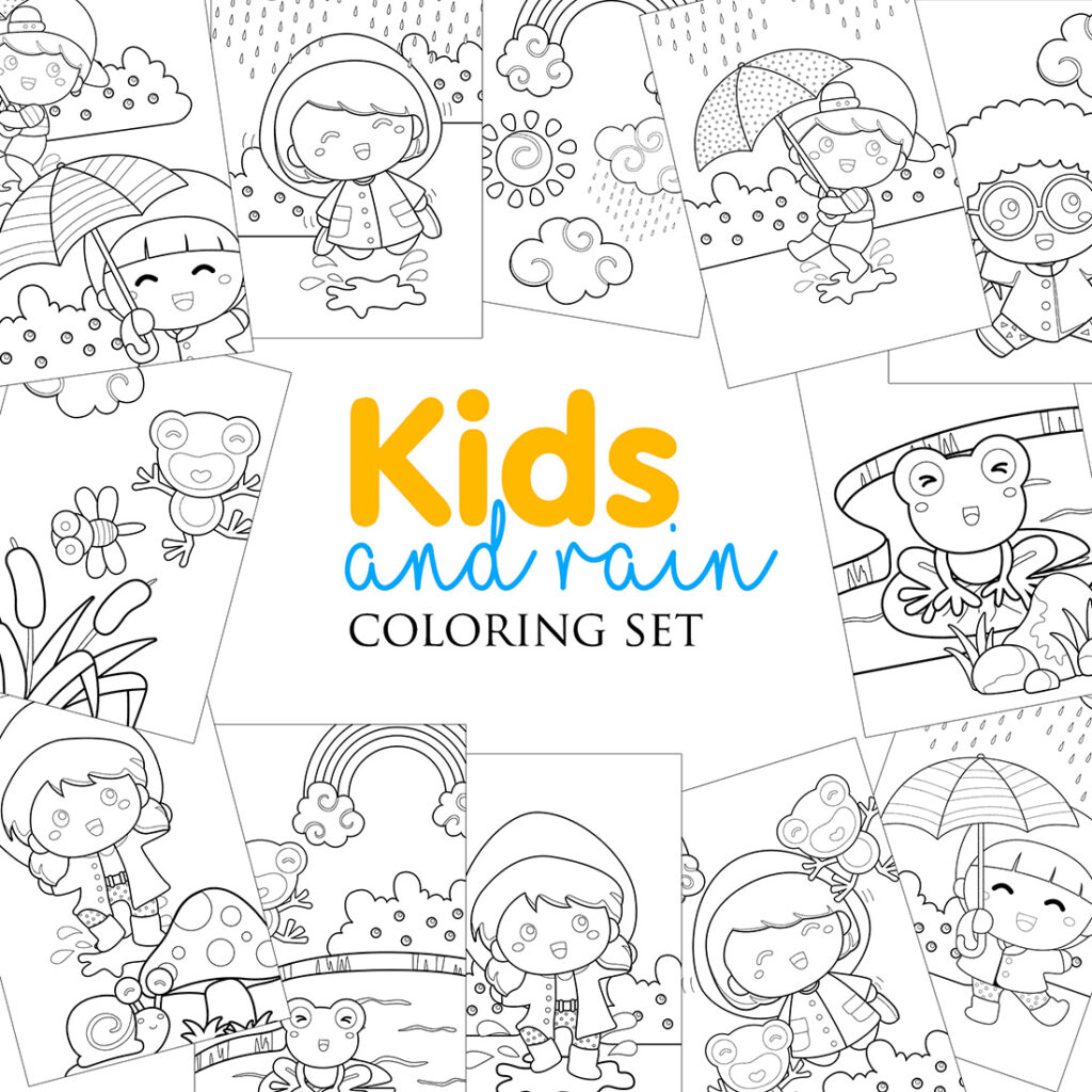 Happy Kids Playing at Garden In Rainy Day with Animals Coloring Pages ...