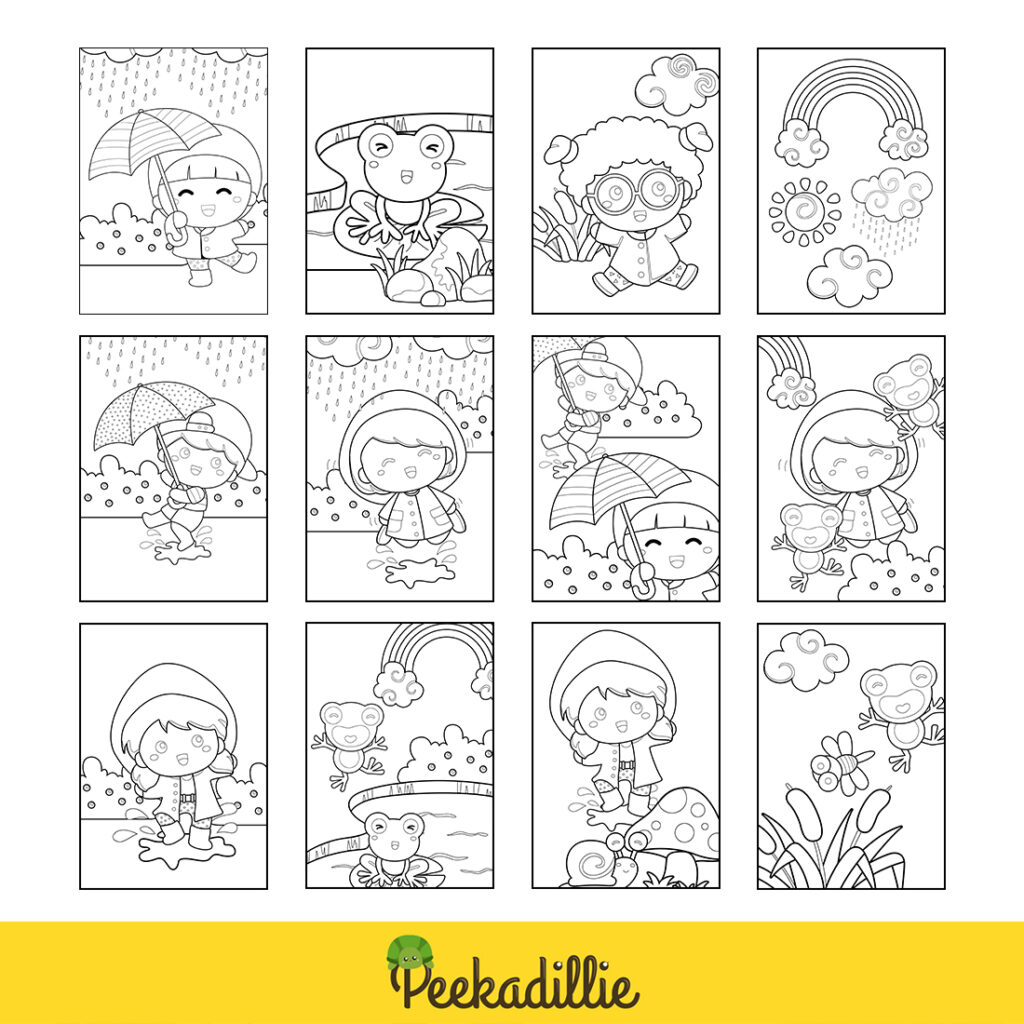 Happy Kids Playing at Garden In Rainy Day with Animals Coloring Pages ...