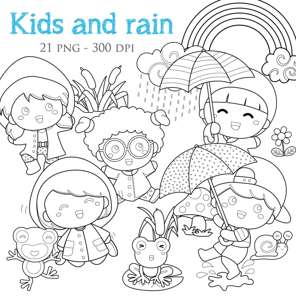 Cute Kids and Rain Weather with Animals Garden Digital Stamp Outline ...