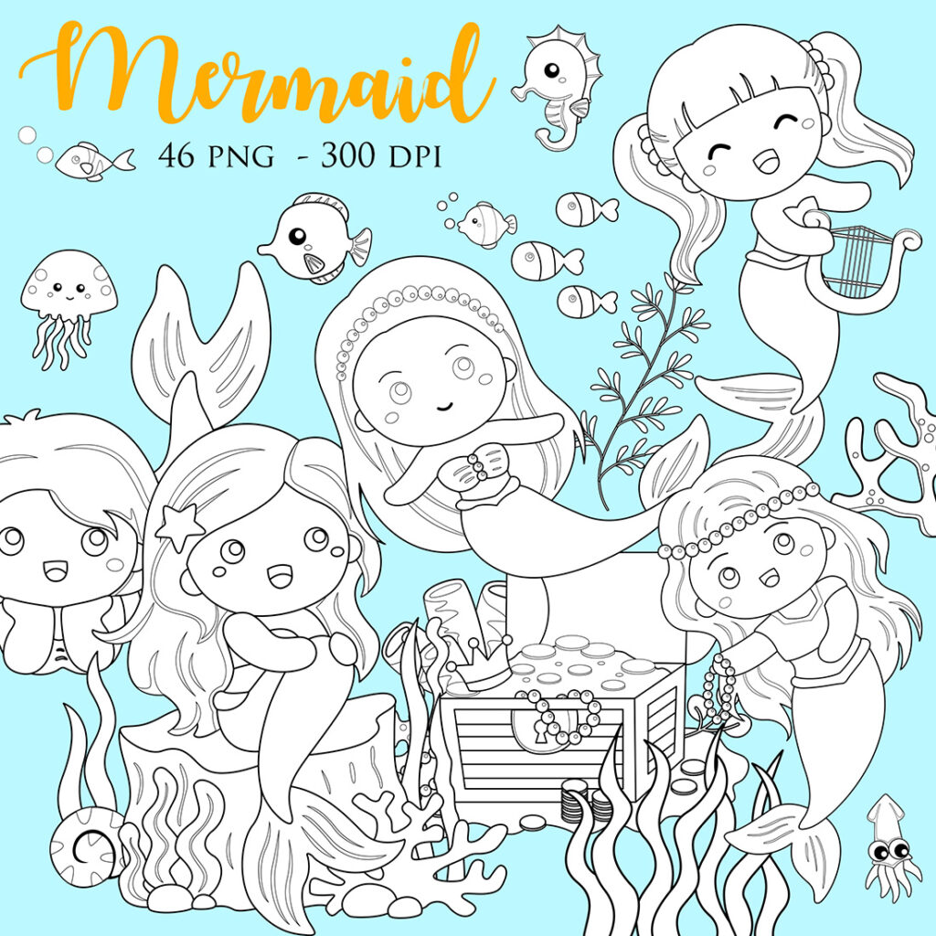 Swimming Mermaid In The Sea with Animals and Floral Treasure Digital ...