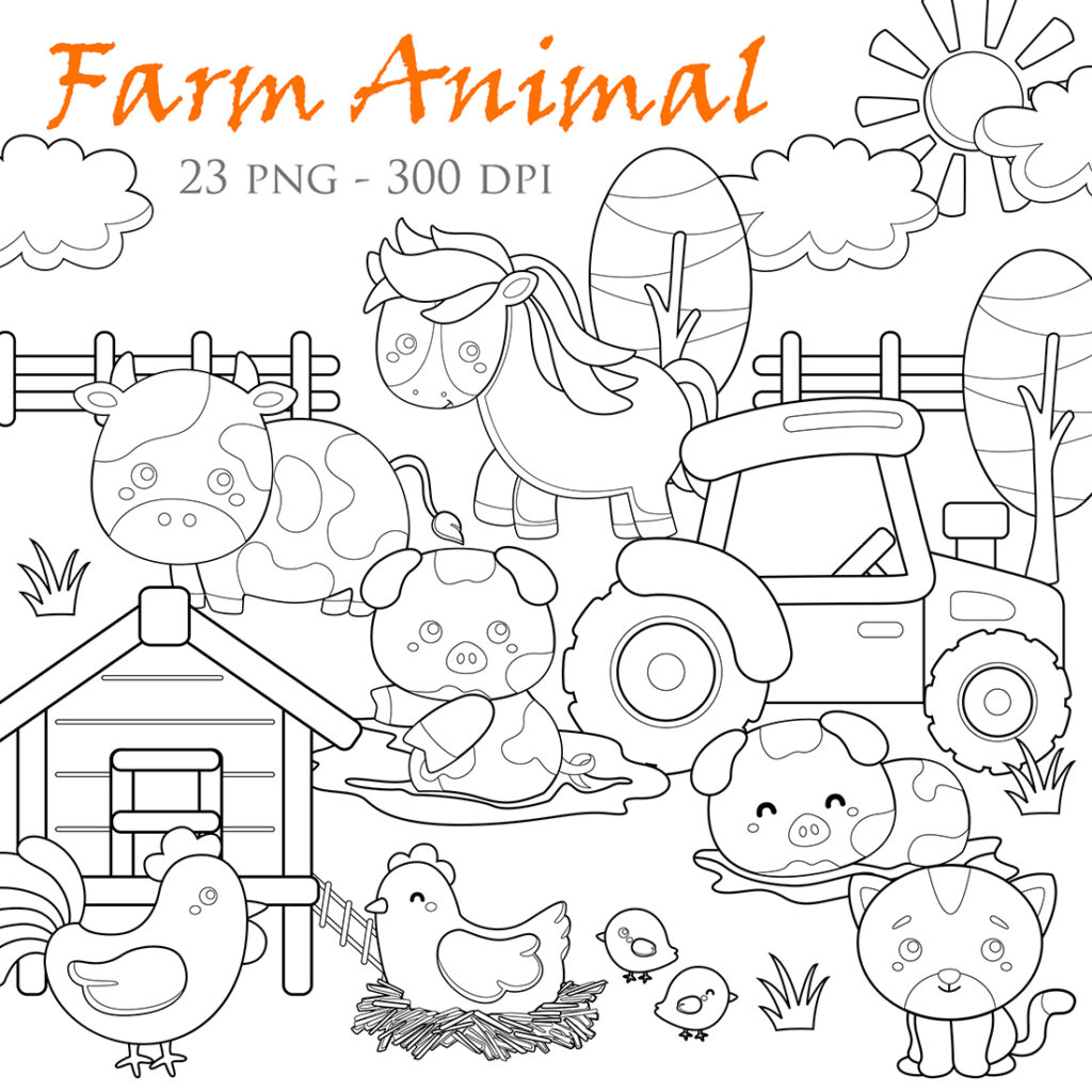 Farm Animal Barn Tractor Cow Chicken Pig Horse Cat Digital Stamp ...