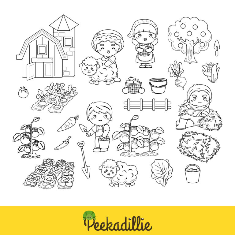 Farmer Family Farm Life Harvest Vegetables and Animals Digital Stamp ...