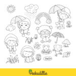 Cute Kids and Rain Weather with Animals Garden Digital Stamp Outline ...