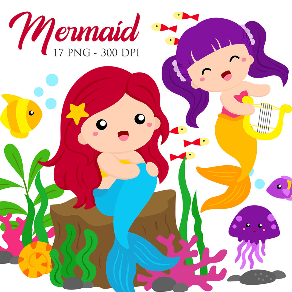 Colorful Little Mermaid with Sea Animals Illustration Vector Clipart ...