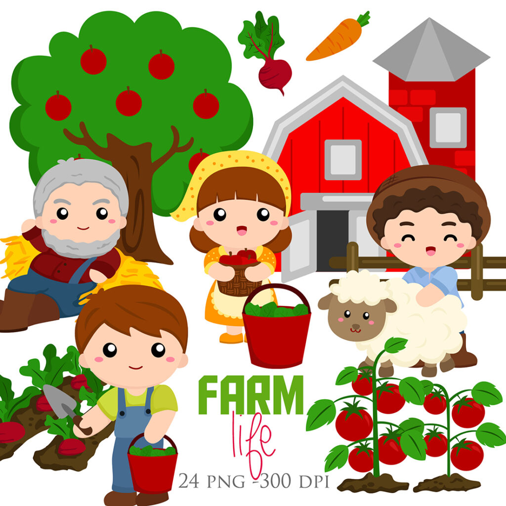 Kids and Farmer Family Farm Life Illustration Vector Clipart Cartoon ...