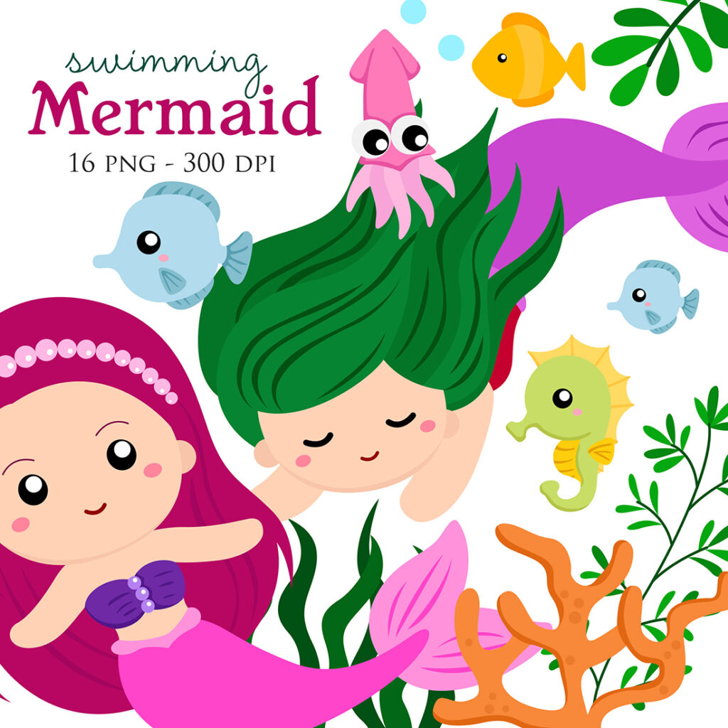 Pink Swimming Mermaid Cute Girl and Sea Animals Illustration Vector ...