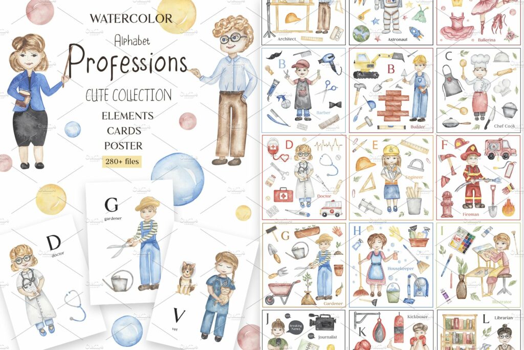 Watercolor Cute Alphabet Professions – MasterBundles