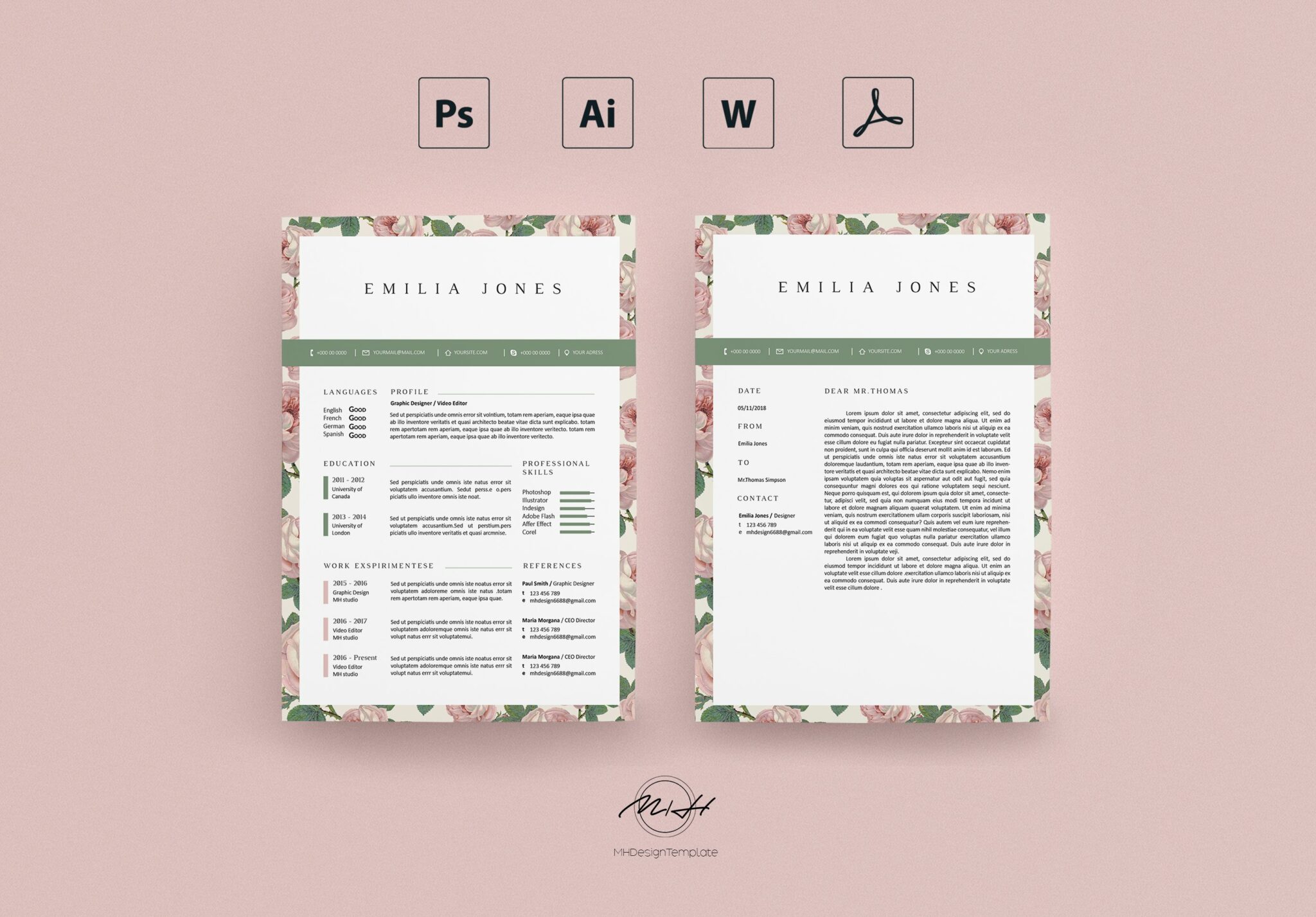 Roses Floral Resume / Card Template – MasterBundles