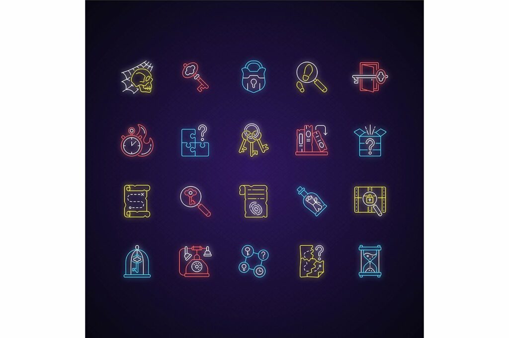 Escape room neon light icons set – MasterBundles