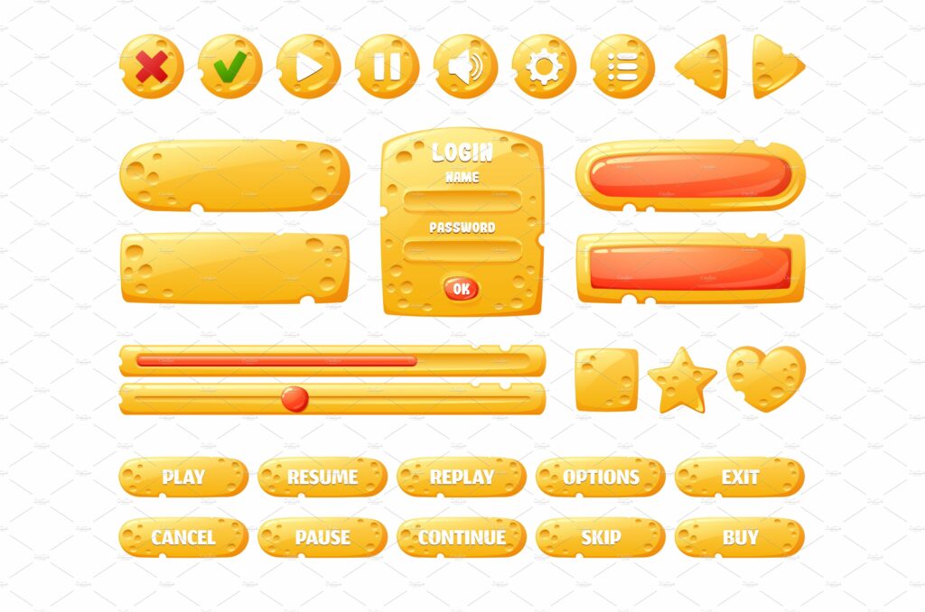 Cheese game ui buttons, cartoon menu – MasterBundles
