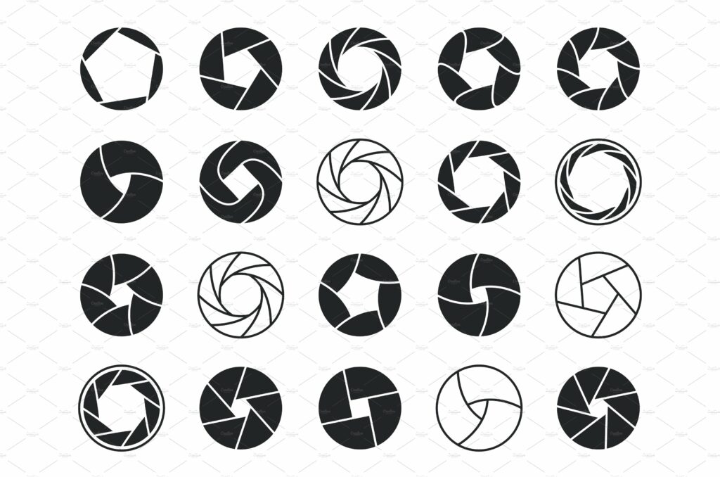 Camera shutter icons. Black lens – MasterBundles