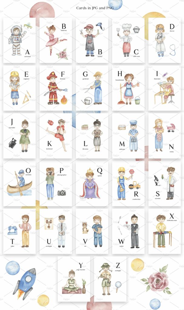 Watercolor Cute Alphabet Professions – MasterBundles