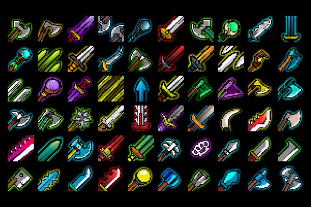 100 Pixel RPG weapon icons – MasterBundles