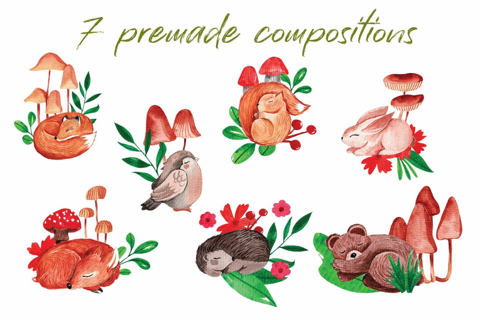 Sleepy Forest woodland animals Watercolor Clipart Set - MasterBundles