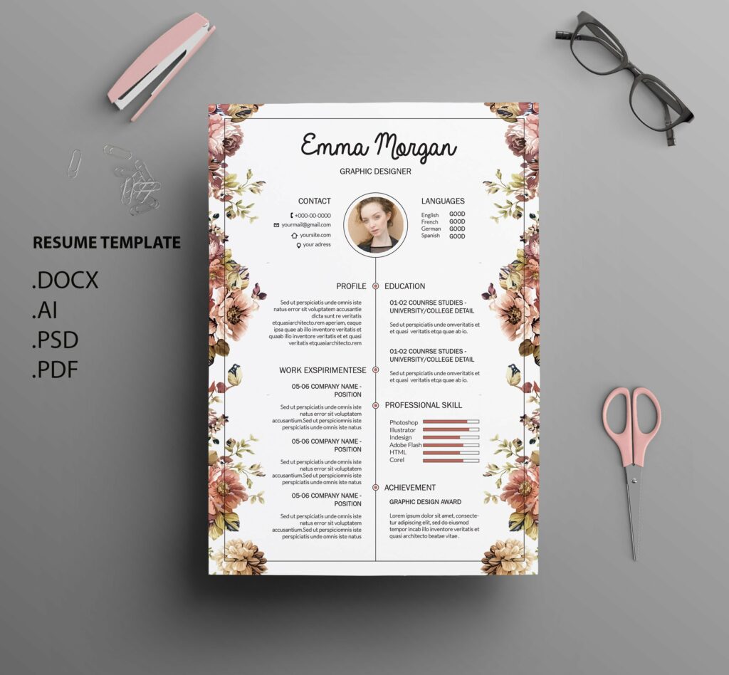 Floral side CV / Resume Template / M – MasterBundles