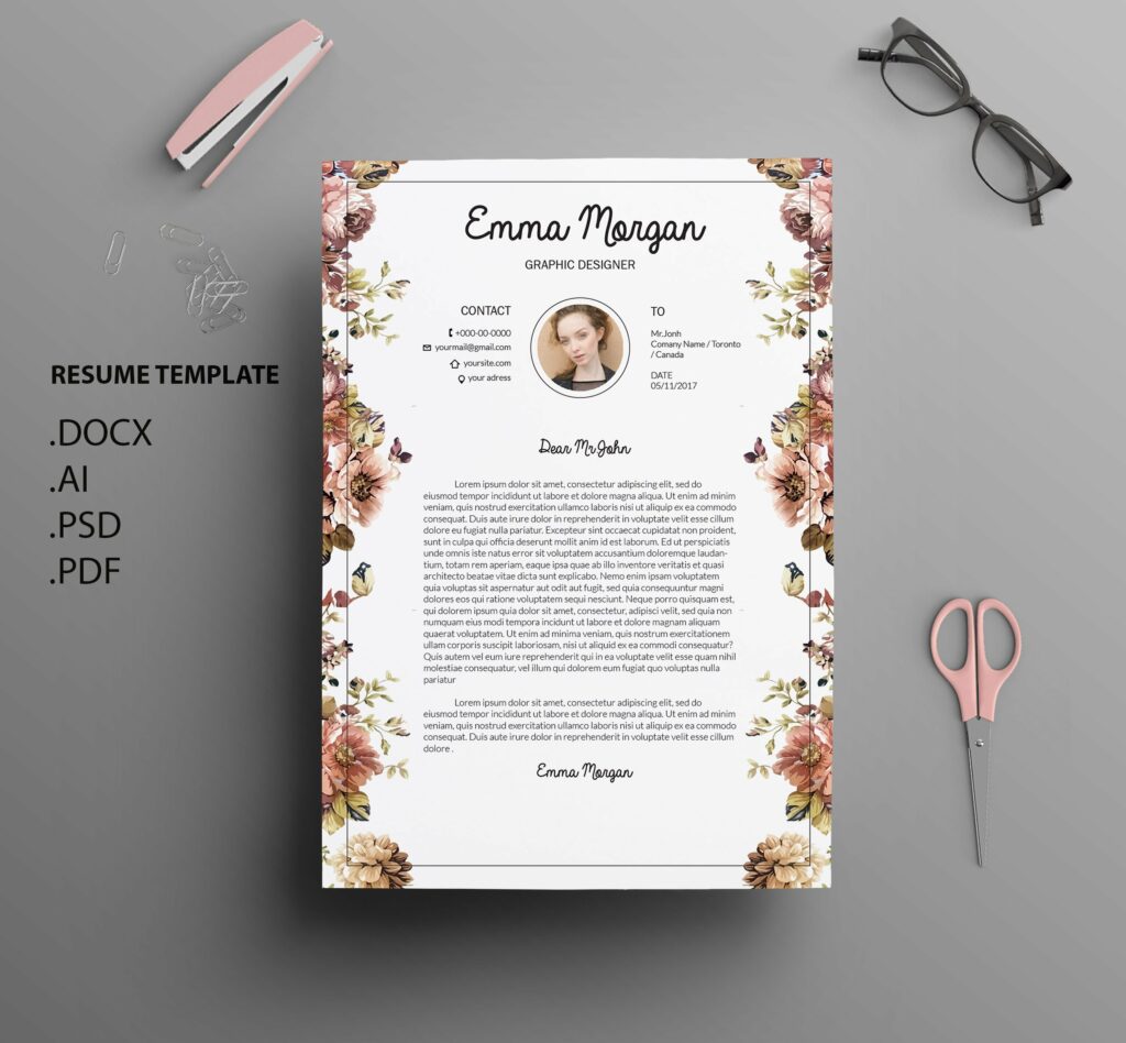 Floral side CV / Resume Template / M – MasterBundles
