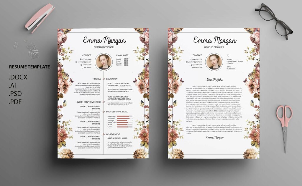 Floral side CV / Resume Template / M – MasterBundles