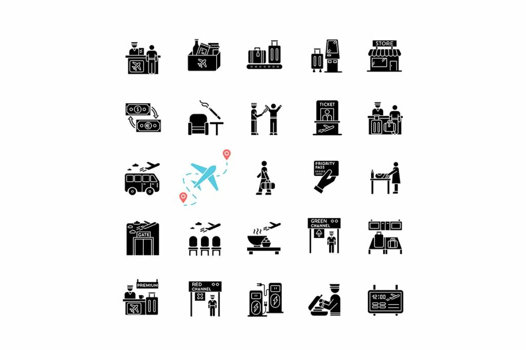 Airport terminal black glyph icons – MasterBundles