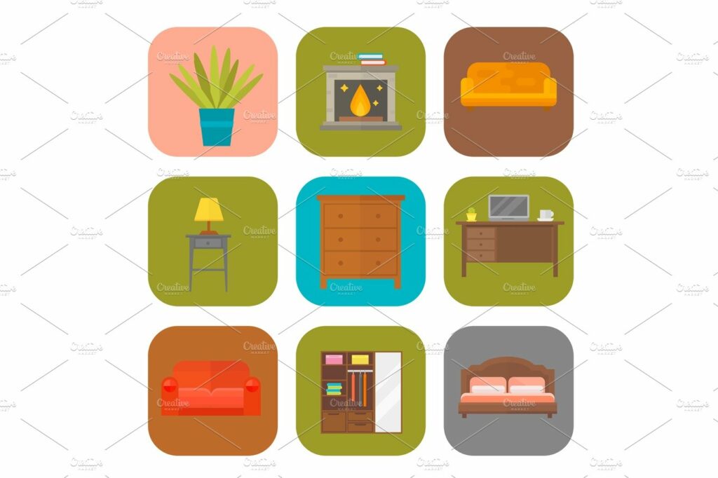 Furniture home decor icon set indoor cabinet interior room library ...