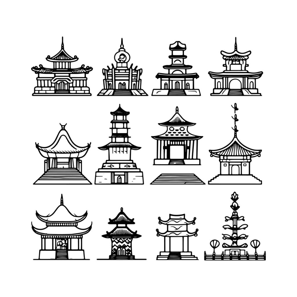 9 Chinese Temple Icons Bundle Set Illustration - MasterBundles