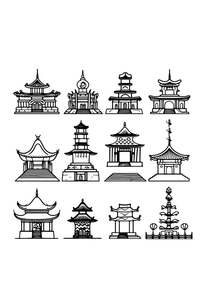 9 Chinese Temple Icons Bundle Set Illustration - MasterBundles