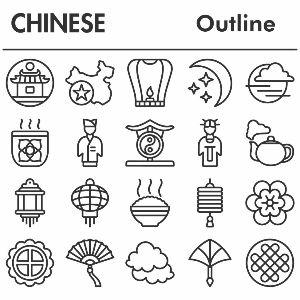 Chinese icons set, outline style - MasterBundles