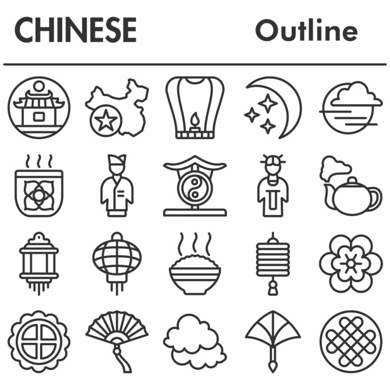 Chinese icons set, outline style - MasterBundles