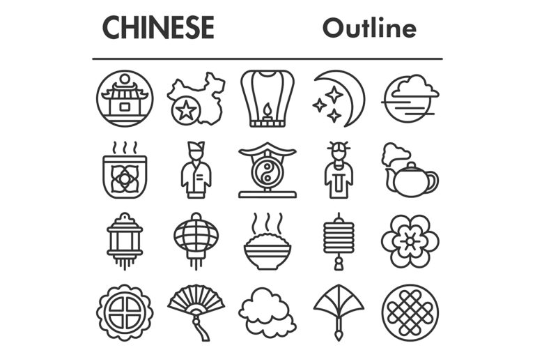 Chinese icons set, outline style - MasterBundles