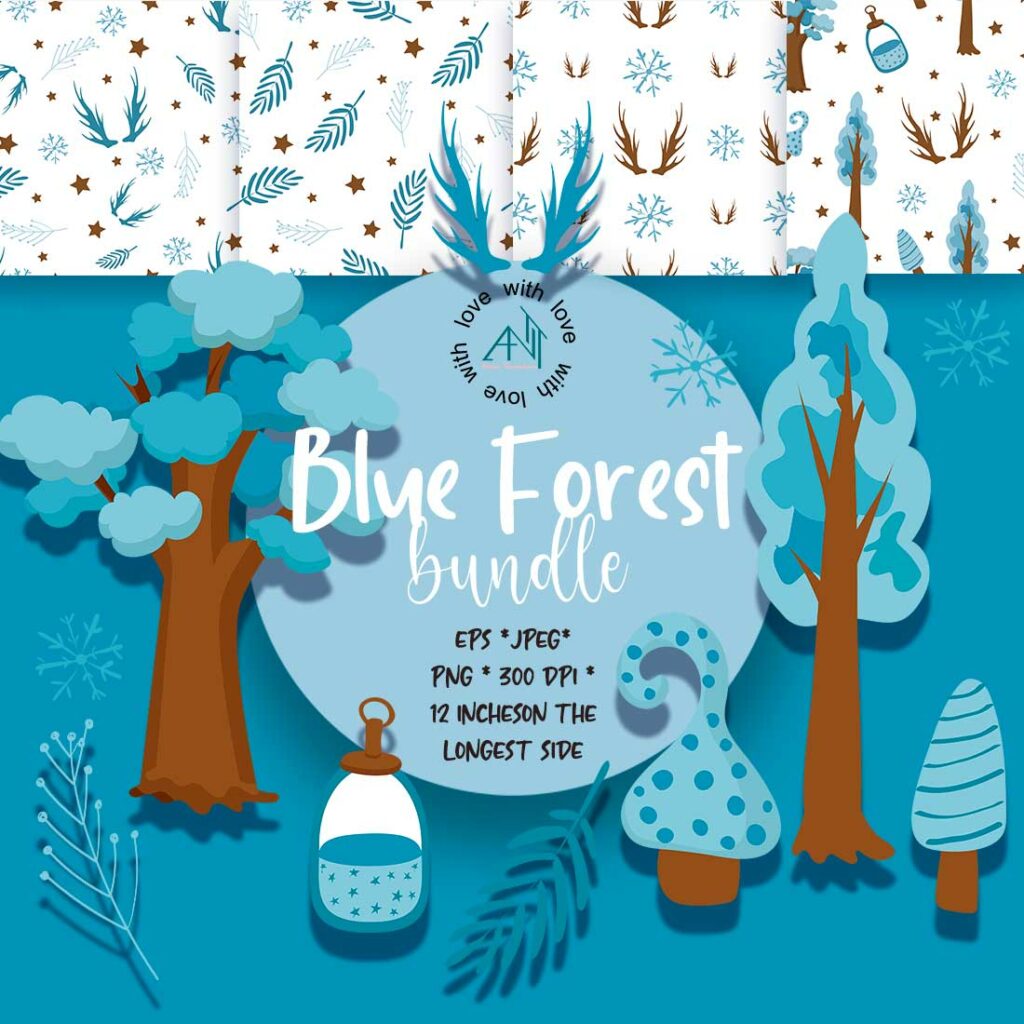 Blue forest patterns, clipart png,eps,jpeg - MasterBundles