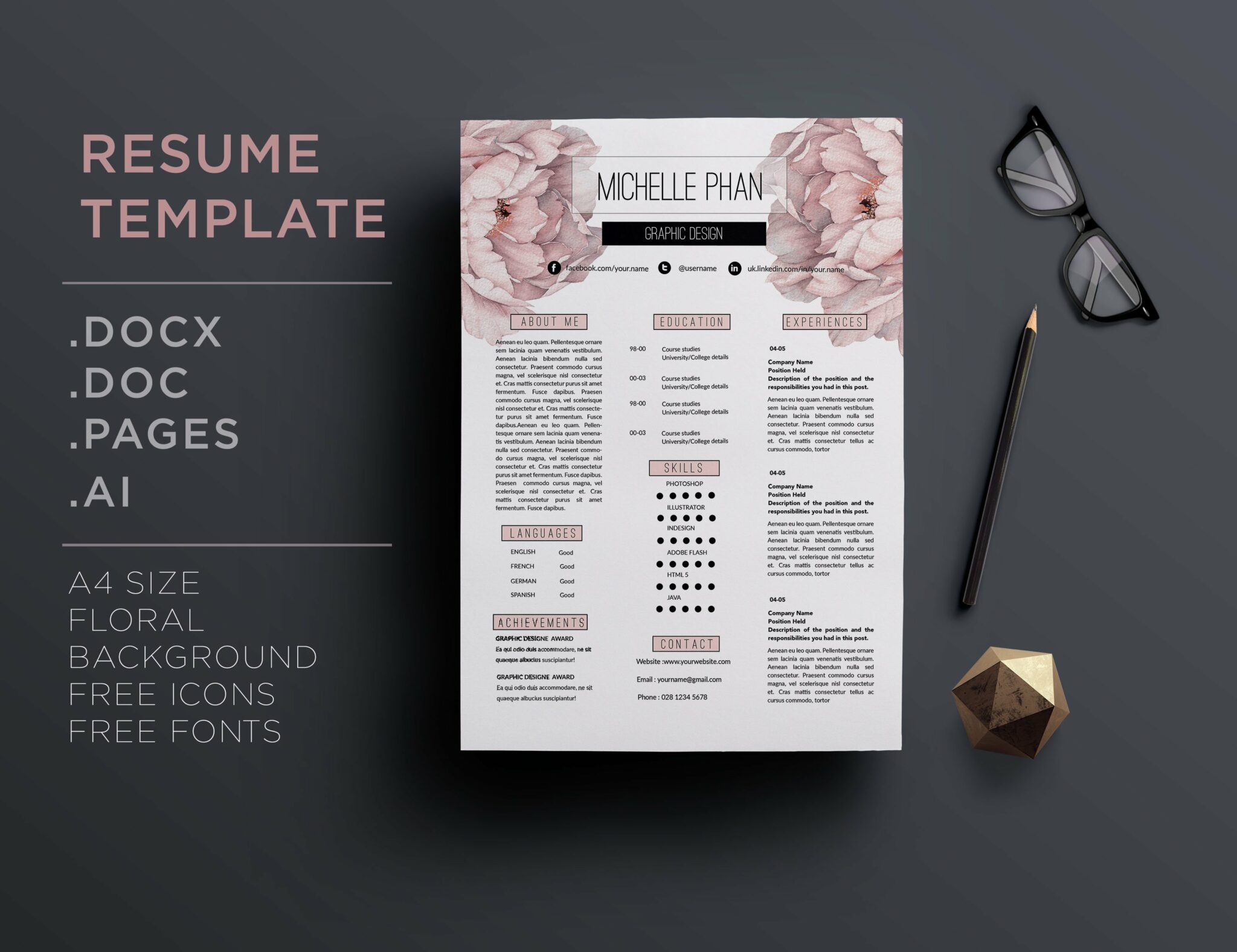 Floral CV template – MasterBundles