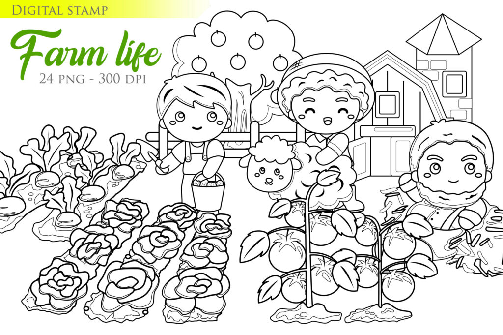 Farmer Family Farm Life Harvest Vegetables and Animals Digital Stamp ...