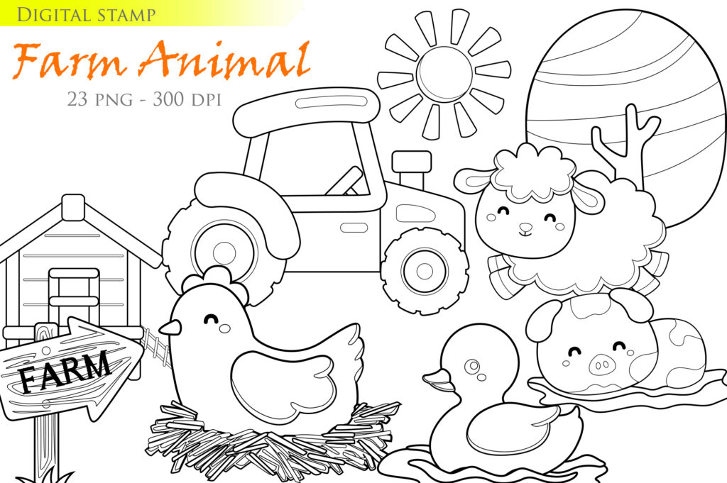 Farm Animal Barn Tractor Cow Chicken Pig Horse Cat Digital Stamp ...