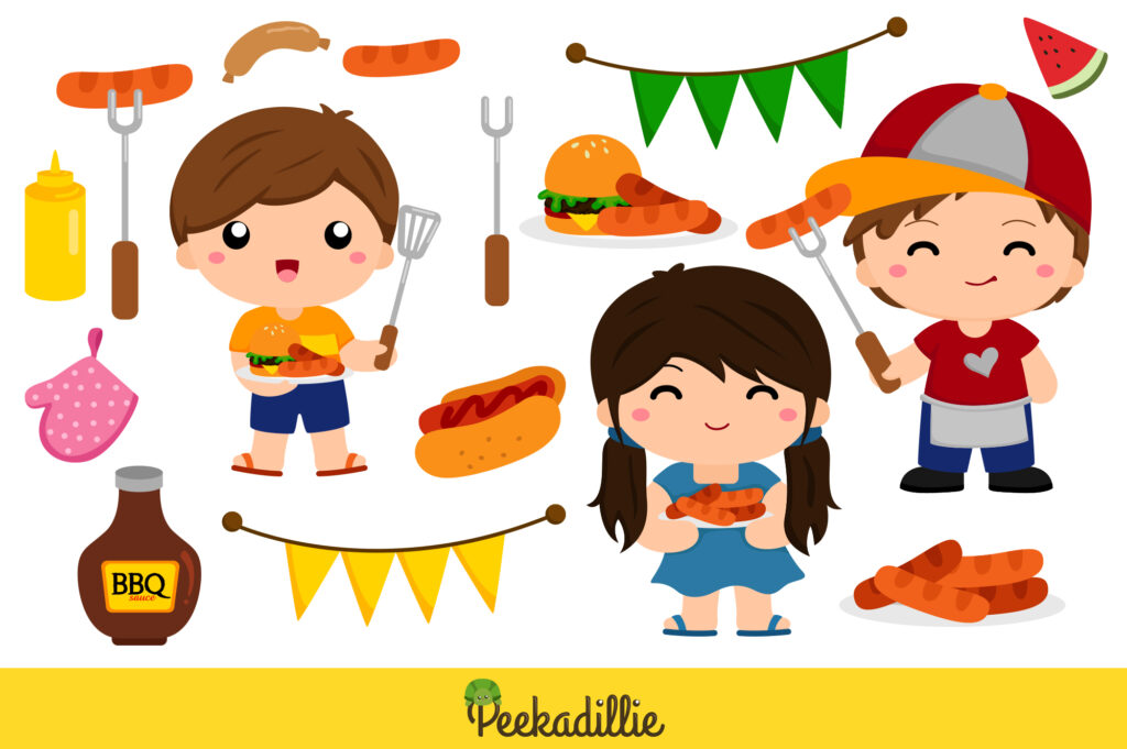 Cute Kids Barbeque Party Outdoor Activity Illustration Vector Clipart ...