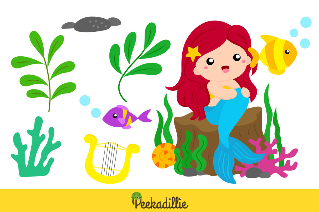 Colorful Little Mermaid with Sea Animals Illustration Vector Clipart ...