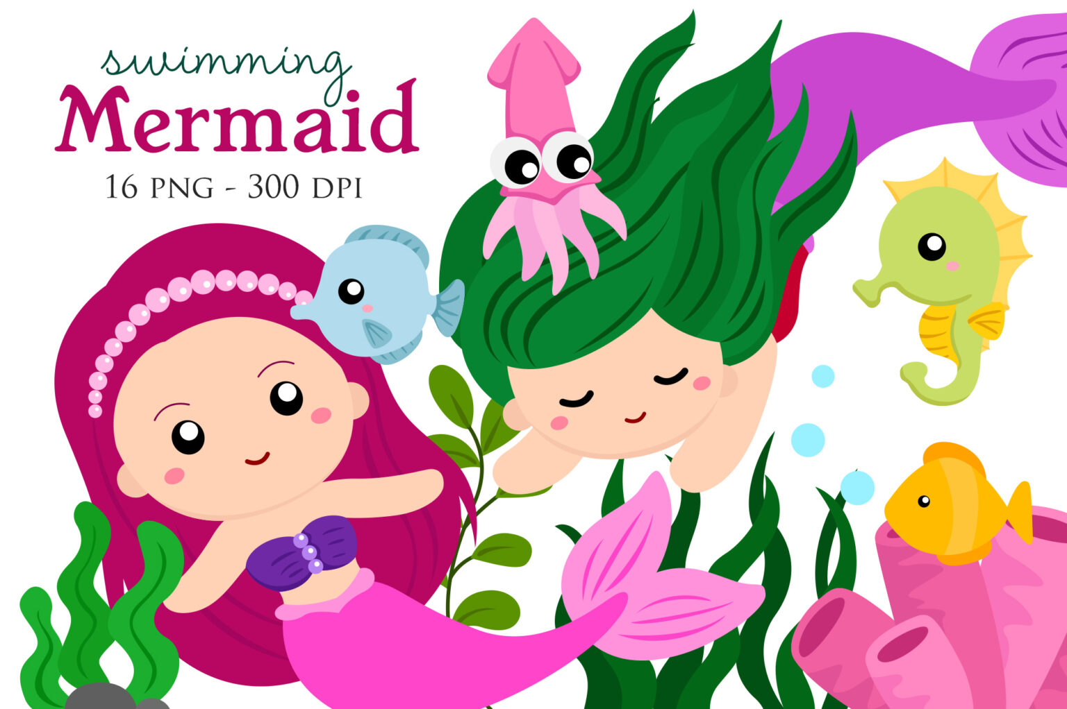 Pink Swimming Mermaid Cute Girl and Sea Animals Illustration Vector ...
