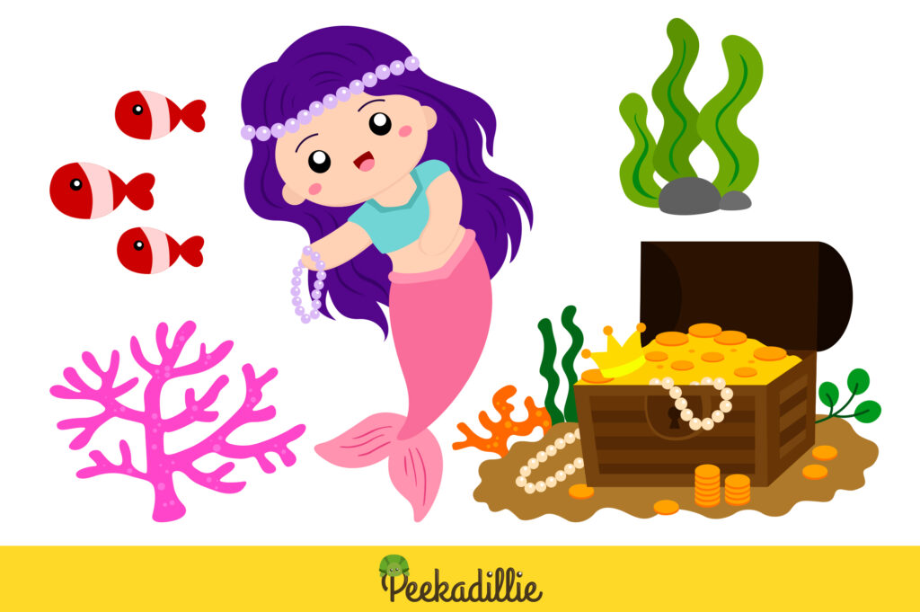 Beautiful Colorful Little Mermaid and Sea Treasure Background ...