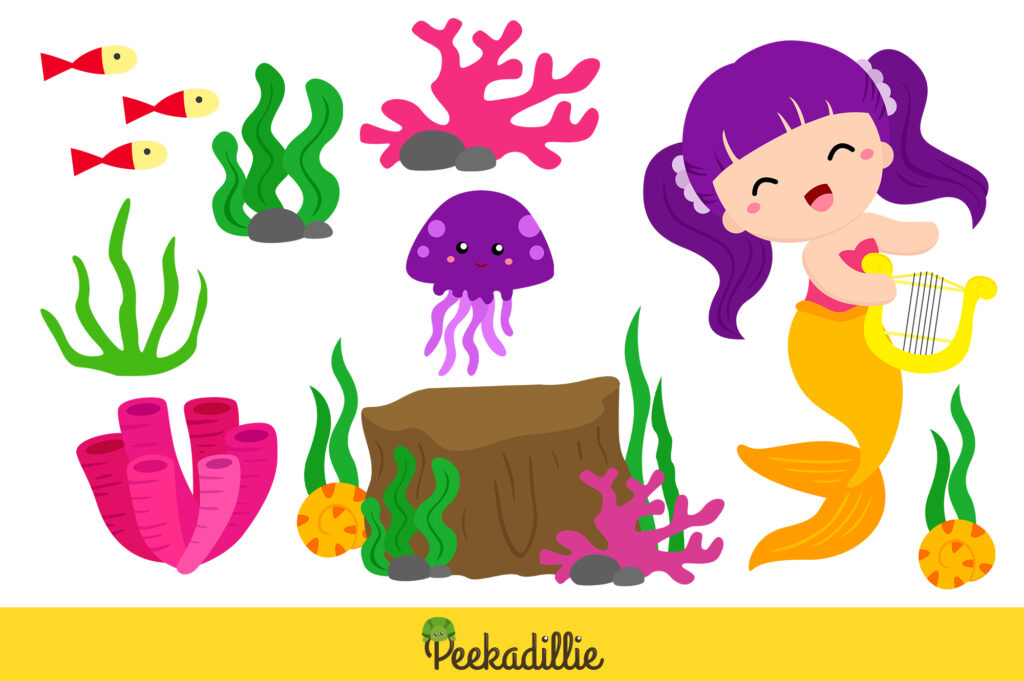 Colorful Little Mermaid with Sea Animals Illustration Vector Clipart ...