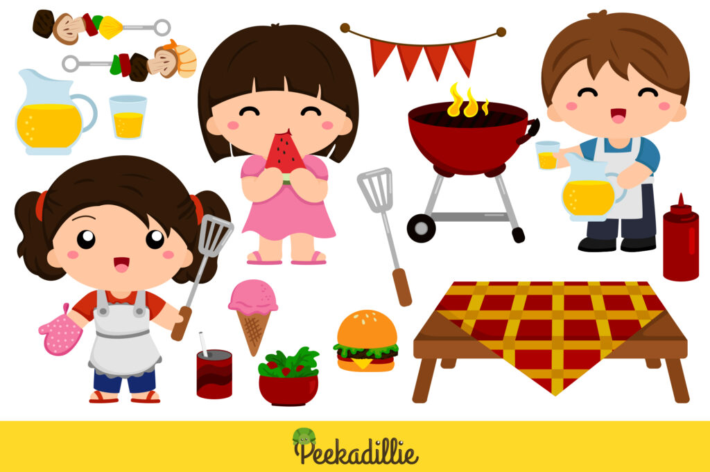 Cute Kids Barbeque Party Outdoor Activity Illustration Vector Clipart ...