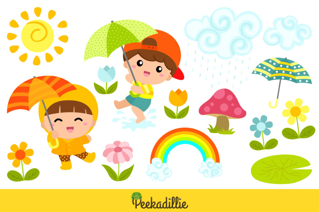 Happy Kids Playing With Rain in The Garden with Animals Illustration ...