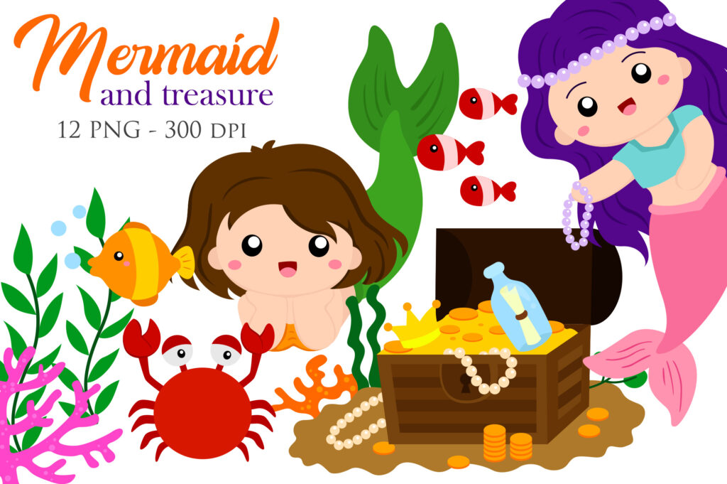 Beautiful Colorful Little Mermaid and Sea Treasure Background ...