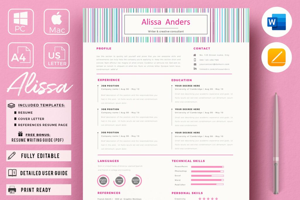 1 Page Resume Template, CV for Word – MasterBundles