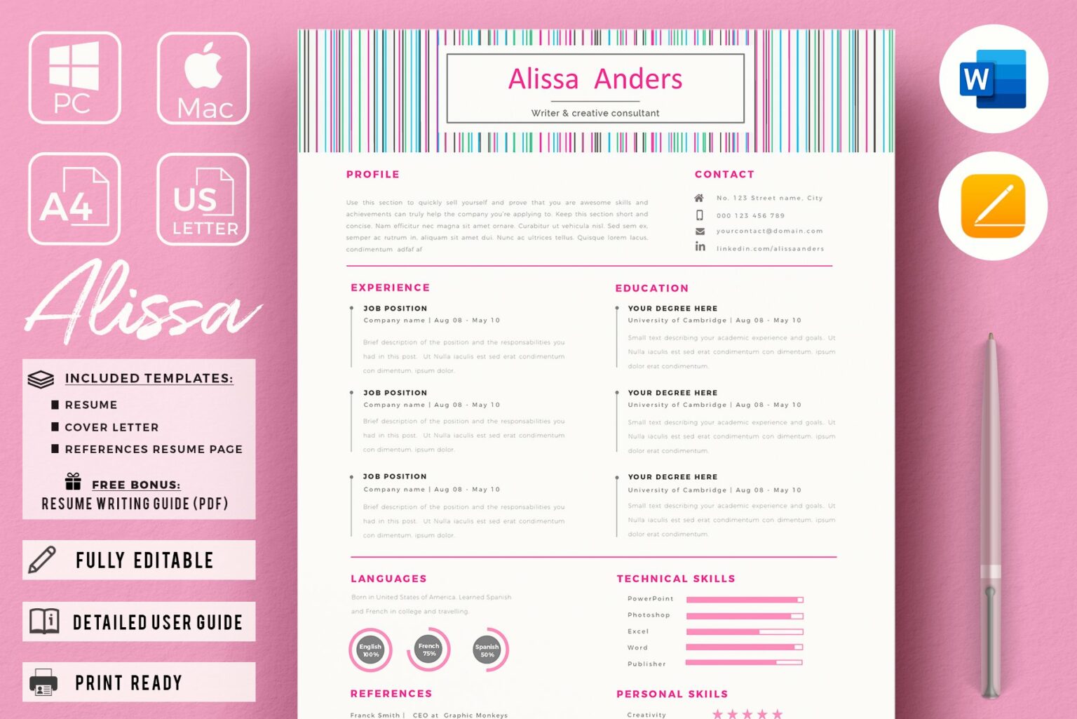 1 Page Resume Template, CV for Word – MasterBundles