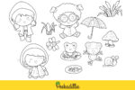 Cute Kids and Rain Weather with Animals Garden Digital Stamp Outline ...