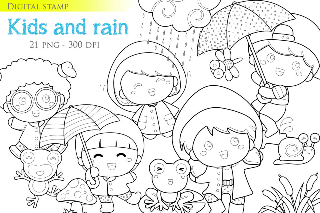 Cute Kids and Rain Weather with Animals Garden Digital Stamp Outline ...