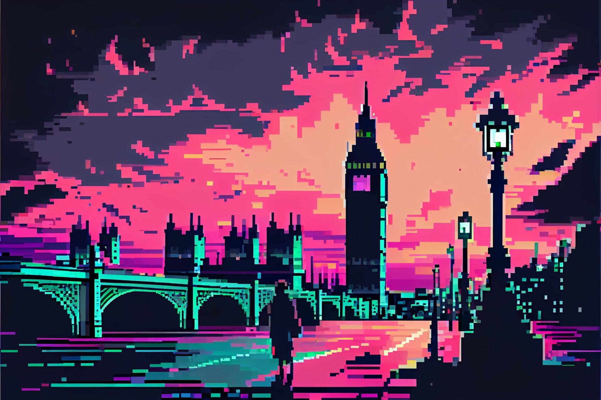 Pixel Cityscape Retro Vaporwave Midjourney Prompt - MasterBundles