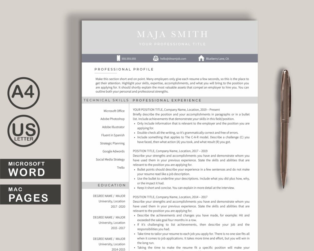 Resume Template Word + Pages – MasterBundles