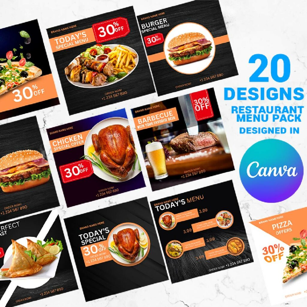 RESTAURANT MENU SOCIAL MEDIA CANVA TEMPLATES PACK - MasterBundles
