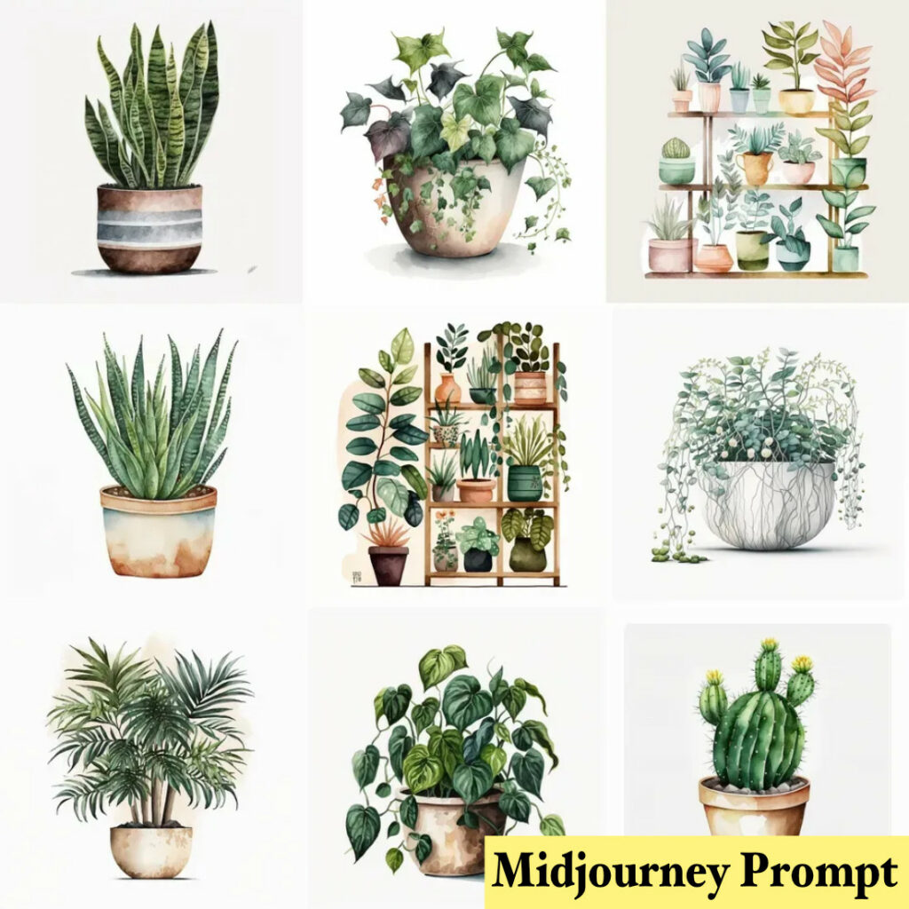 Watercolor Indoor Plants & Succulents Midjourney Prompt - MasterBundles